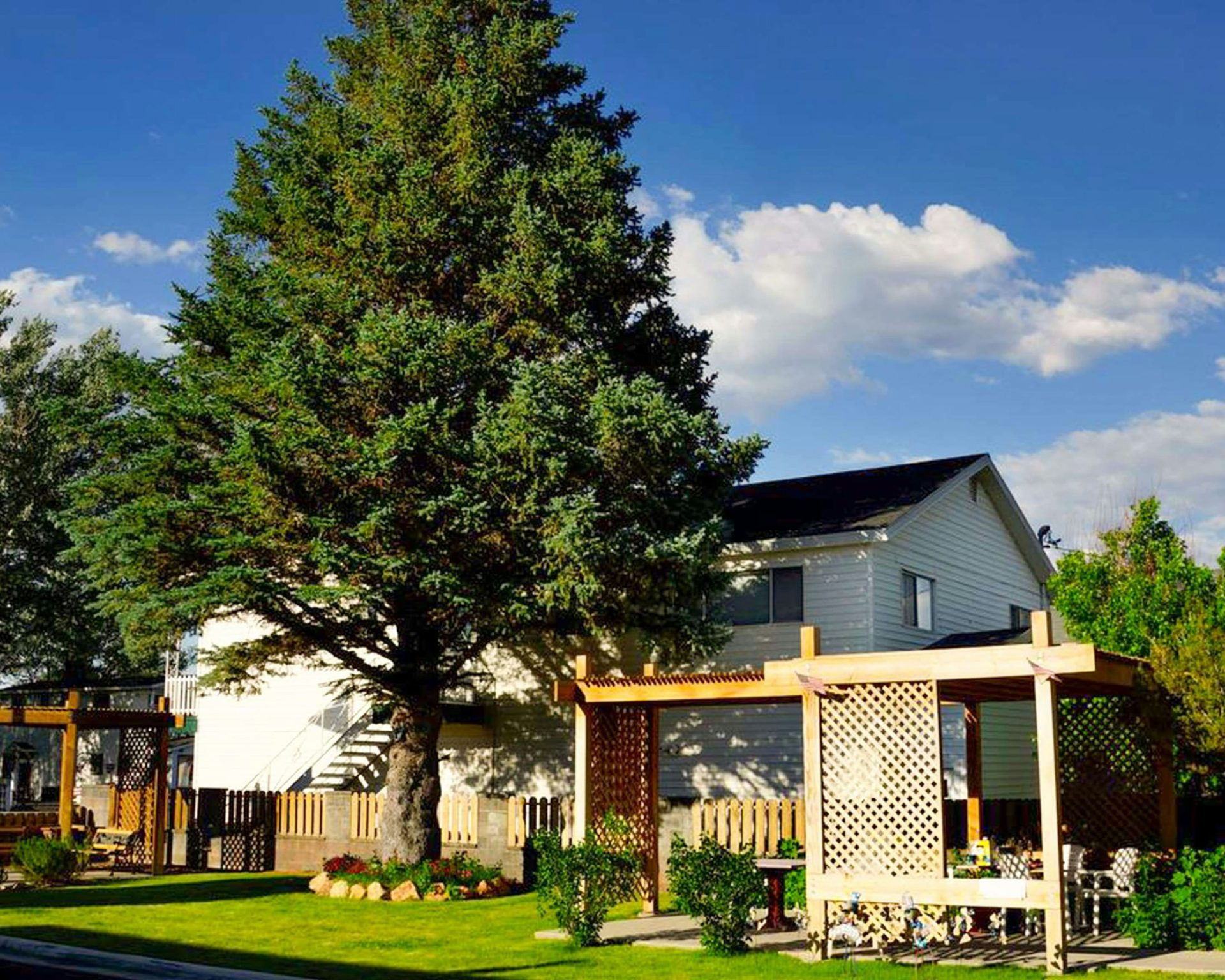Lush green garden and shaded picnic area with wooden pergolas at Ruby ...